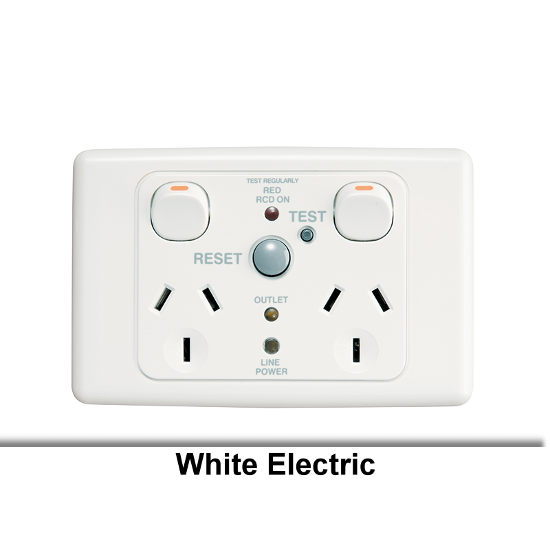 GPO RCD Protected 2G Horiz 10A 250V 30mA 2P White Electric - Go Electrical