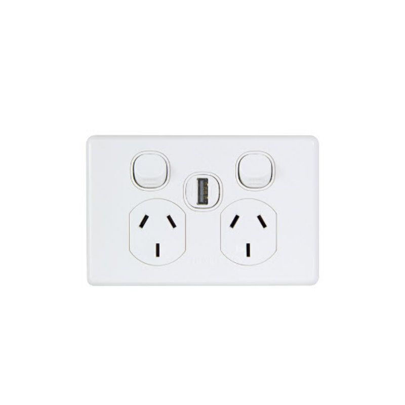 GPO Standard 2G 10A 250V 1x1.2A USB Horiz Shutter White - Go Electrical