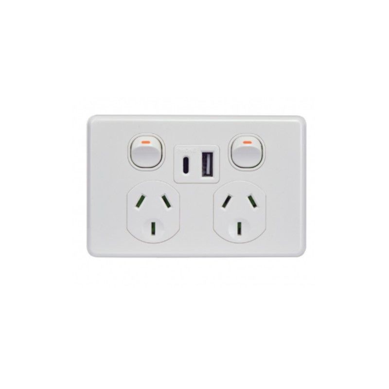 Dual USB Charger Fully Integrated GPO A and C 2G 10A White - Go Electrical