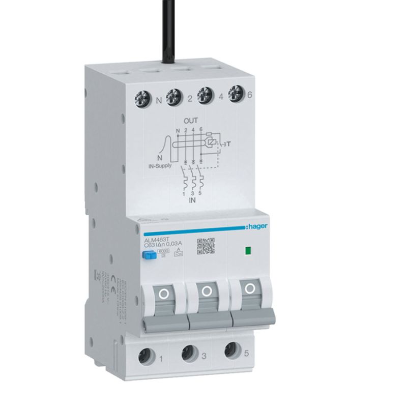 Hager Electronic RCBO Type A 400-415 VAC 63 Amp 6 kA 3 Pole + N 30 mA ...