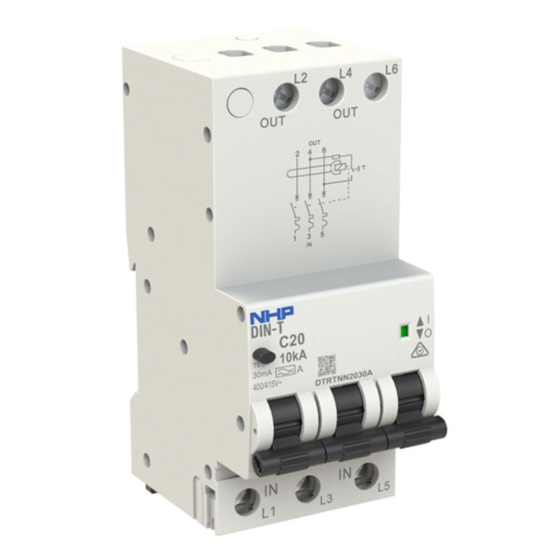 NHP DIN-T Residual Current Breaker RCBO 10kA 3 Pole 32A C Curve 30mA ...